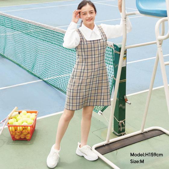 女裝 網路獨家-英倫風格紋迷你收腰吊帶連身裙YT+E | UQ 搜尋