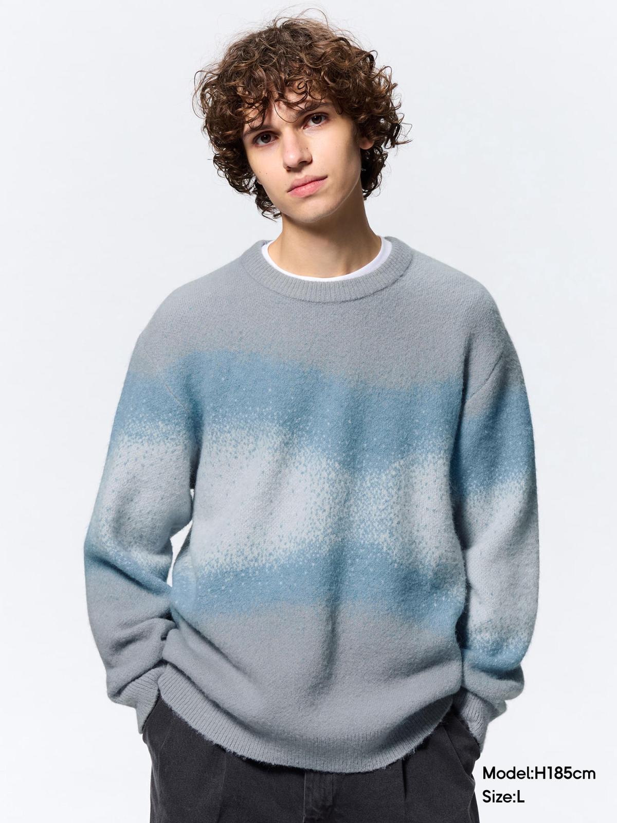 「barrel leg錐形牛仔褲(褲長標準69.5～73.5cm)、男女適穿 BRUSHY KNITTED 針織圓領漸層上衣」的穿搭靈感 | GU