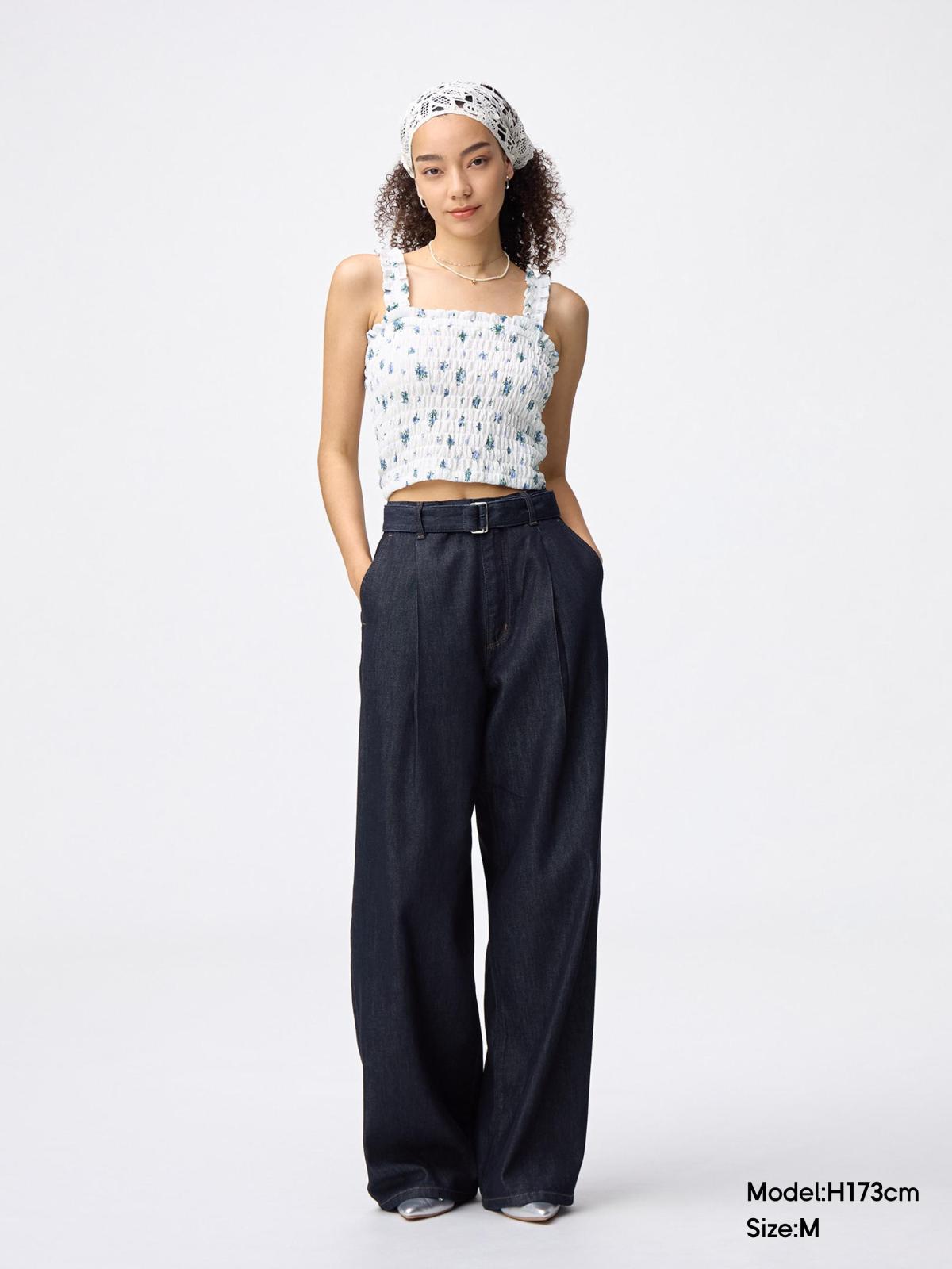 女裝 網路獨家 輕型附腰帶牛仔寬褲(褲長稍長80cm)(接觸涼感)+EC | UQ 搜尋