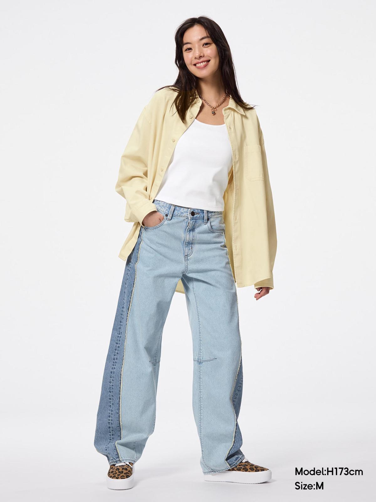 女裝 網路獨家 拼色barrel leg錐形牛仔褲(褲長稍長81cm) | UQ 搜尋